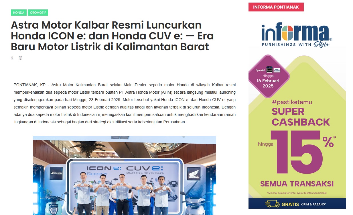 Astra Motor Kalbar Resmi Luncurkan Honda ICON e: dan Honda CUV e: — Era ...